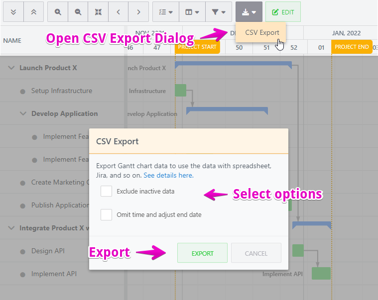 Export Gantt Chart As Csv Data To Import The Data Into Other Applications Like Jira 