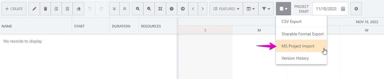 Import MS project file Import MS project file