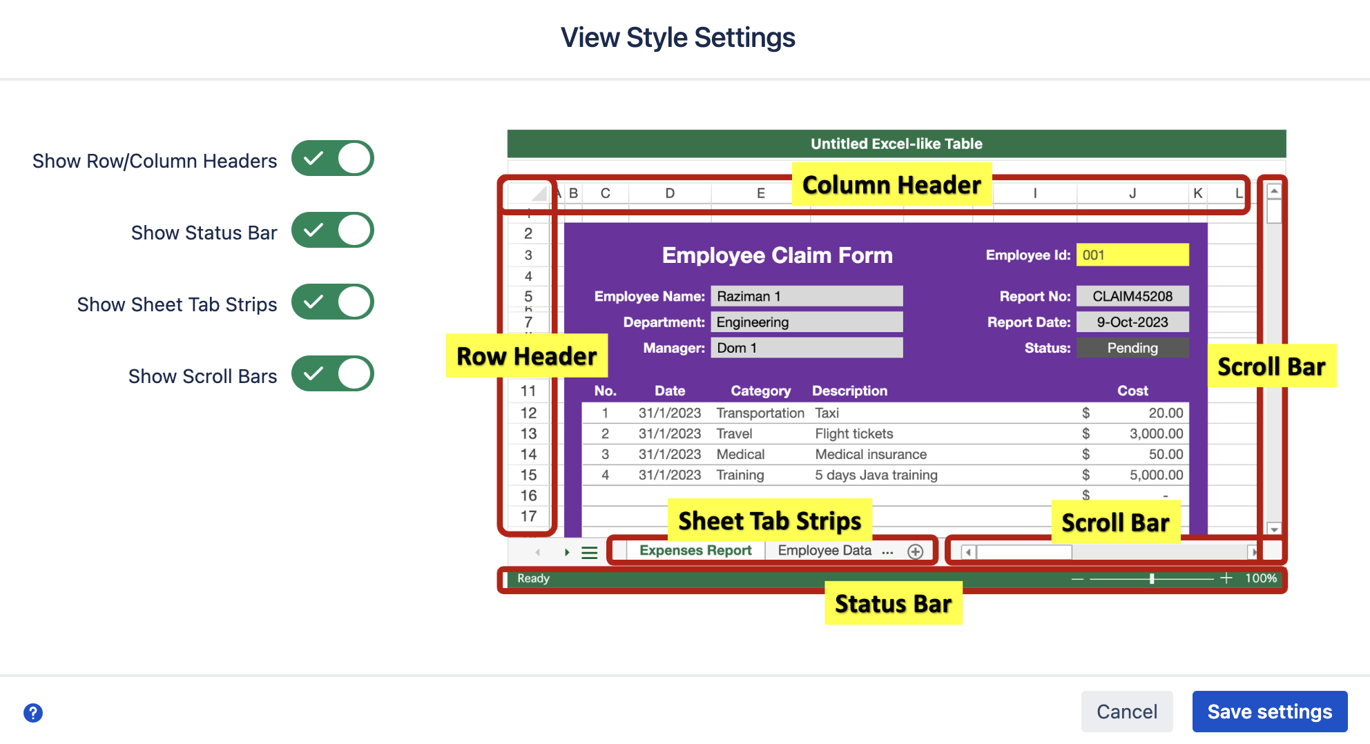 Table View Settings