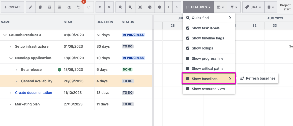 Use baseline to get the difference between plan and actual