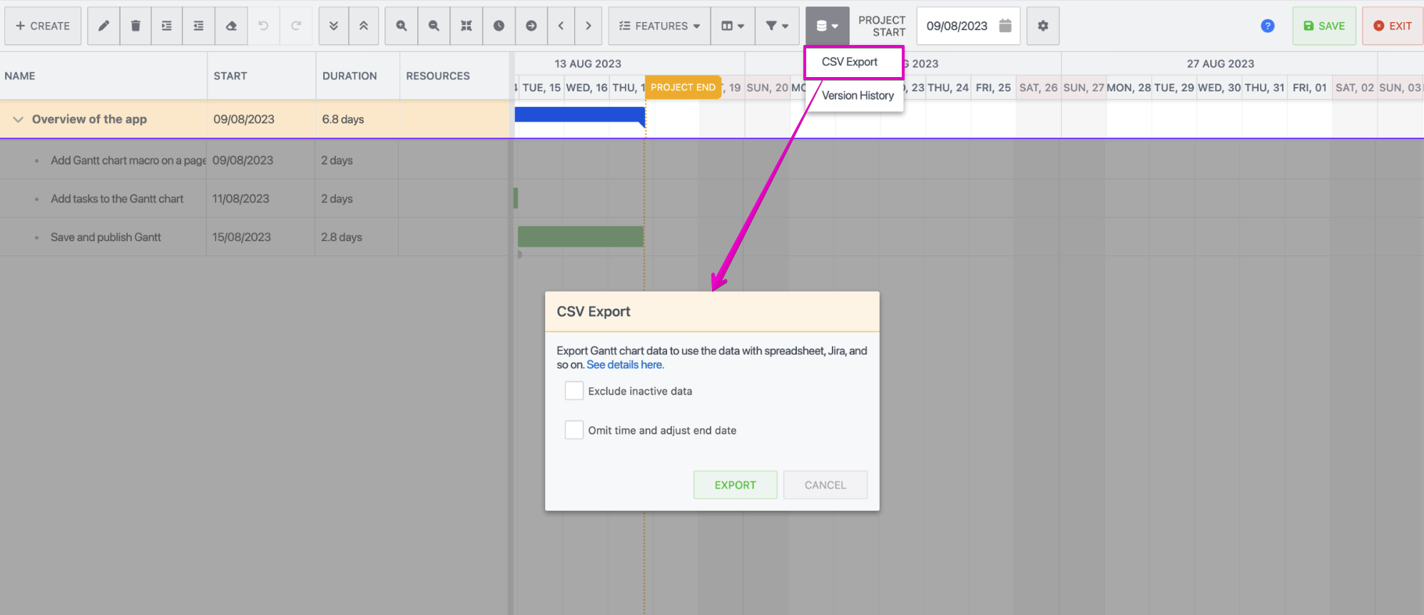 Export Gantt chart as CSV data to import the data into other ...