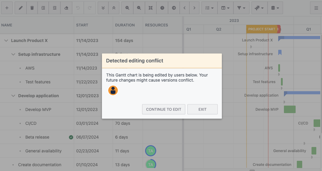 Conflicts warning when multiple user editing the Gantt chart